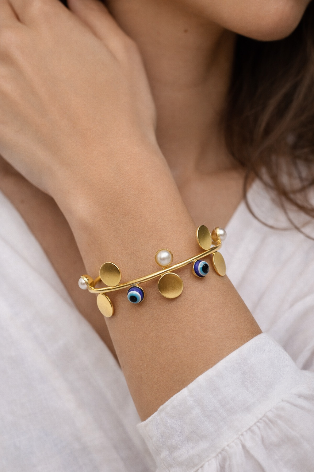 Evil Eye & Pearl Disc Cuff Bracelet – Gemstone Galaxy